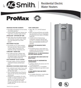 AO Smith Promax Spec Sheet: HUD Approved Water Heaters